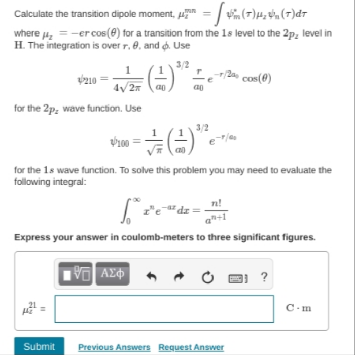 Solved Calculate the transition dipole moment. , mn-/ ψ | Chegg.com
