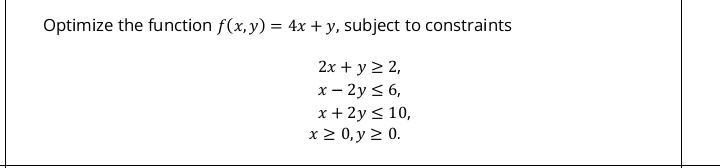 Solved Optimize the function f(x,y) = 4x + y, subject to | Chegg.com
