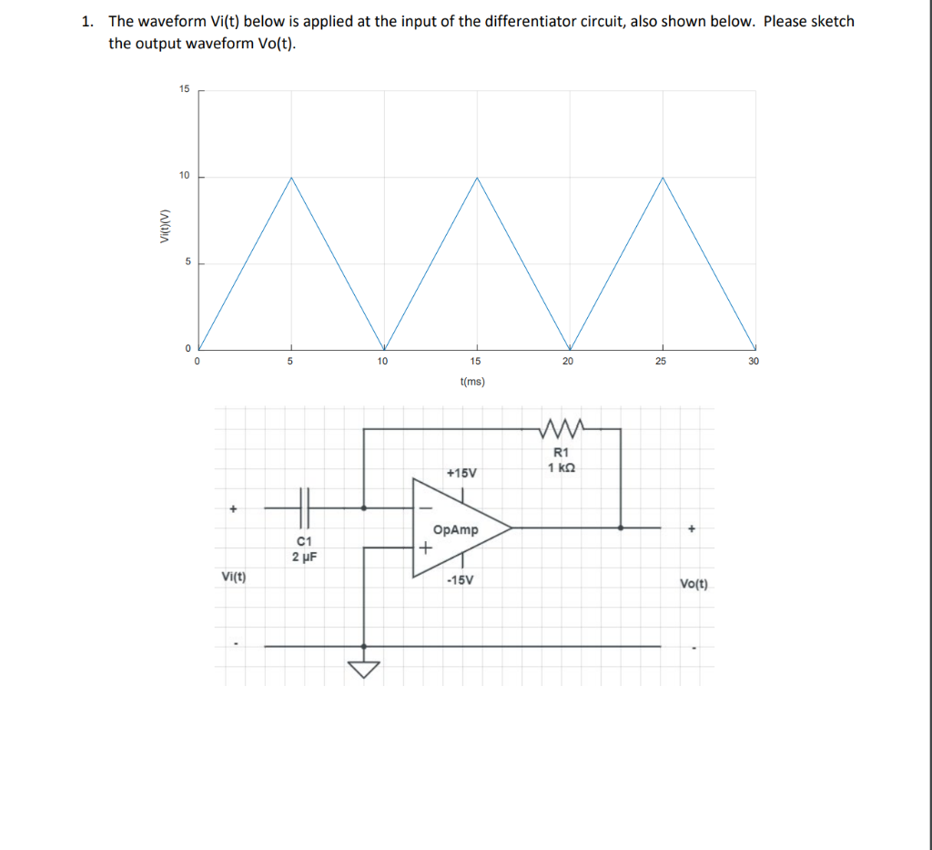 Solved 1. The waveform Vi(t) below is applied at the input | Chegg.com