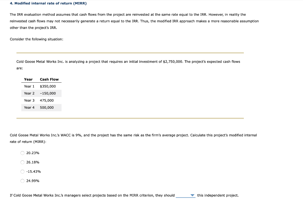 Solved 4. Modified internal rate of return (MIRR) The IRR | Chegg.com