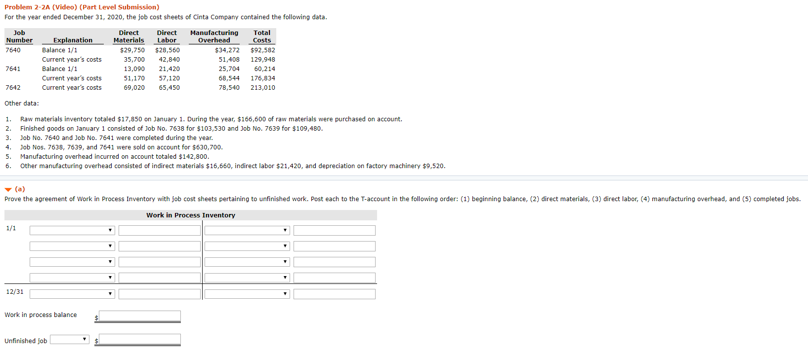 Solved Problem 2-2A (Video) (Part Level Submission) For the | Chegg.com