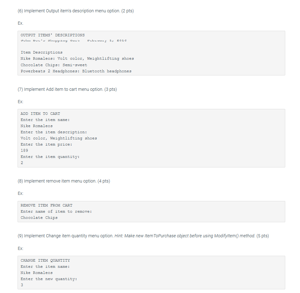 Solved 11.12 LAB: Program: Online shopping cart (continued) | Chegg.com