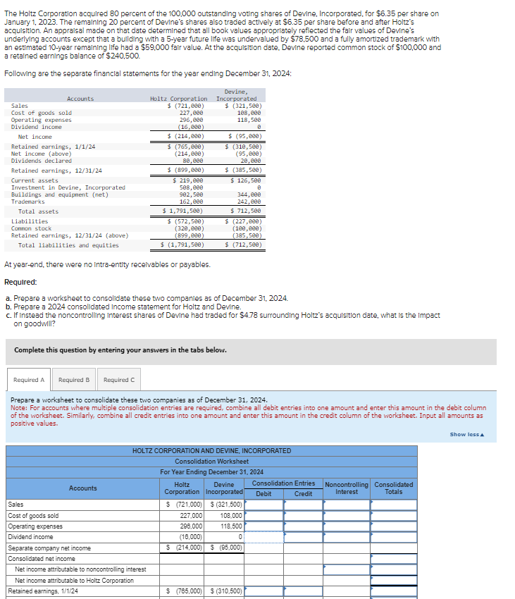 Solved The Holtz Corporation acquired 80 ﻿percent of the | Chegg.com