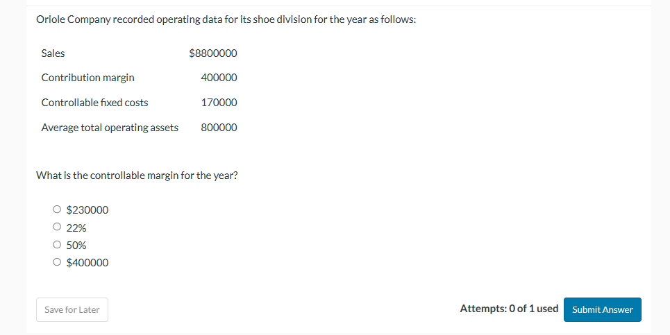 Solved Oriole Company recorded operating data for its shoe | Chegg.com