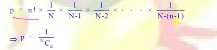 Solved p=n!×1N×1N-1×1N-2×cdots×1N-(n-1)=>p=1?NCn | Chegg.com