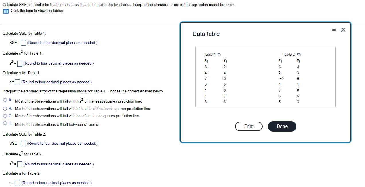 Solved Calculate SSE, s?, and s for the least squares lines | Chegg.com