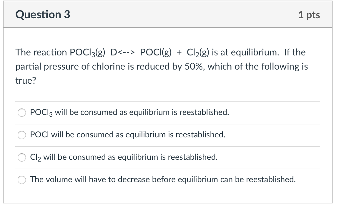 Solved Question 3 1 pts The reaction POCl3(g) D POCl(g) | Chegg.com