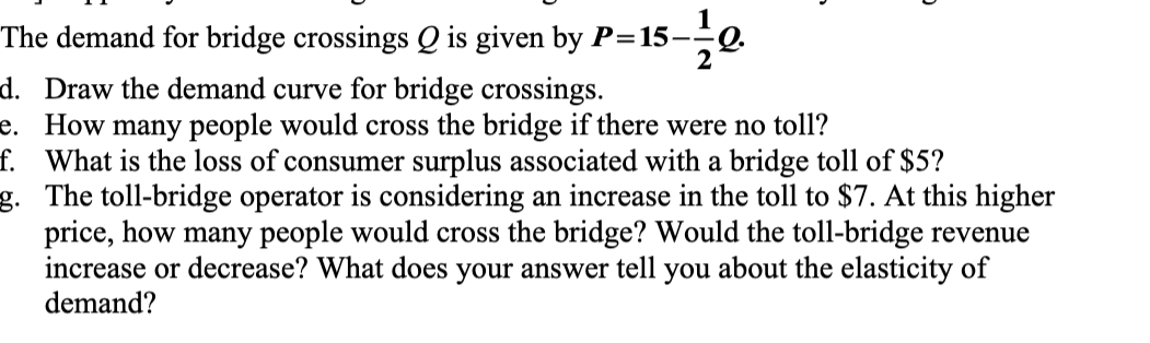 Solved The demand for bridge crossings Q is given by P=15-; | Chegg.com