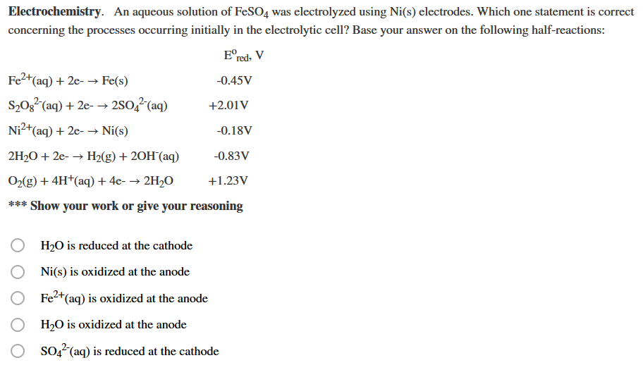 Solved Electrochemistry. An aqueous solution of FeSO4 was | Chegg.com