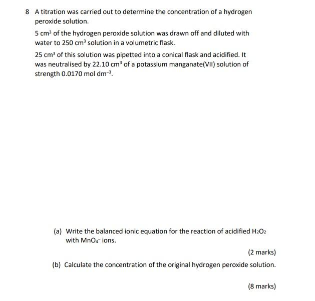 Solved 8 A titration was carried out to determine the | Chegg.com