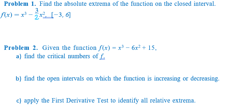 Solved Problem 1. Find the absolute extrema of the function | Chegg.com