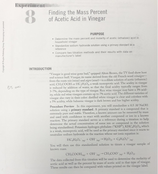 Experiment Finding the Mass Percent of Acetic Acid in | Chegg.com