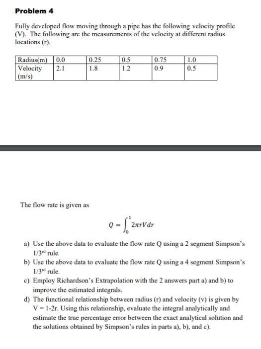 Solved Problem 4 Fully developed flow moving through a pipe | Chegg.com
