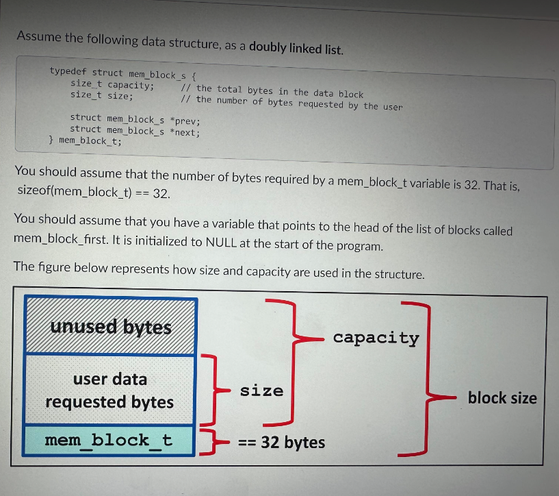 typedef struct mem_block_s \{ size_t capacity; // the | Chegg.com