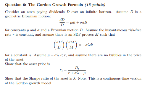 Question 6: The Gordon Growth Formula (15 points) | Chegg.com