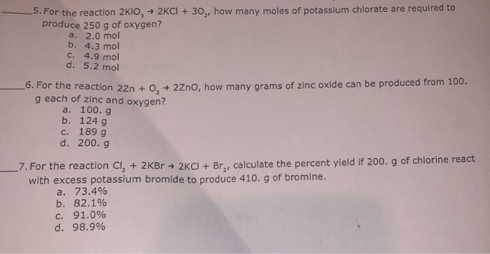 Solved 5. For the reaction 2KIO,> 2KCI+ 30,, how many moles | Chegg.com