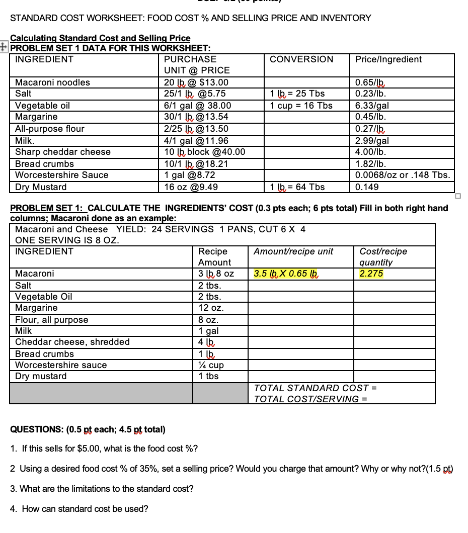 STANDARD COST WORKSHEET: FOOD COST % AND SELLING | Chegg.com