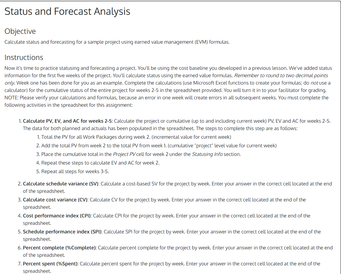 Status and Forecast Analysis Objective Calculate | Chegg.com