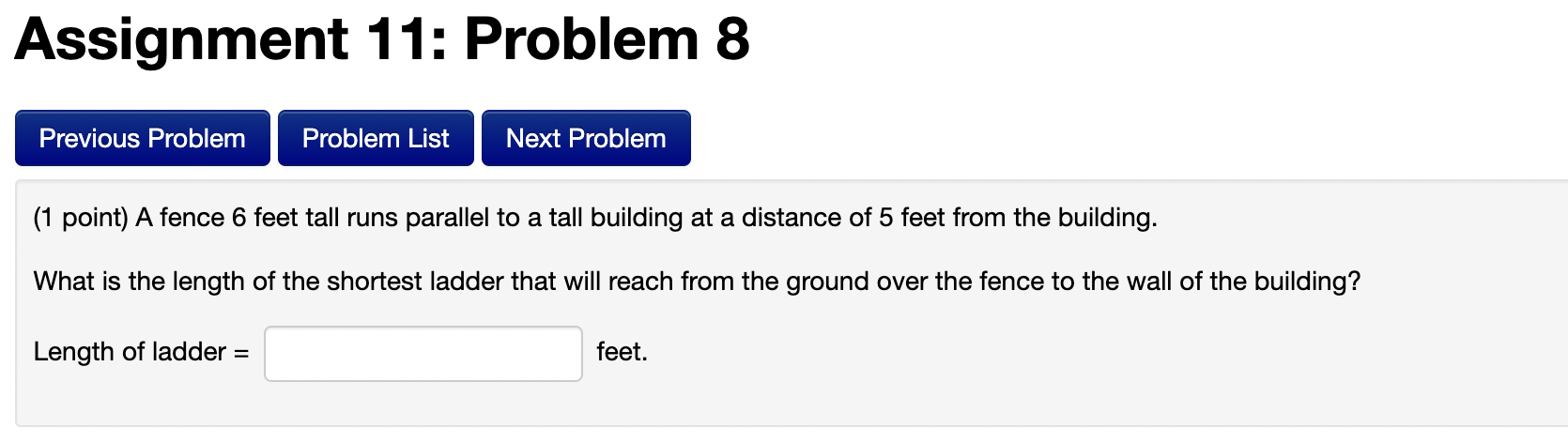 Solved (1 point) A fence 6 feet tall runs parallel to a tall | Chegg.com