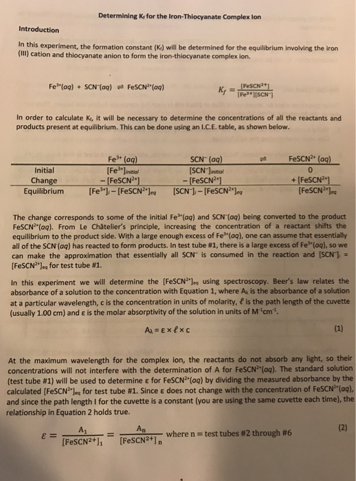 Solved Determining K, for the Iron-Thiocyanate Complex lon | Chegg.com