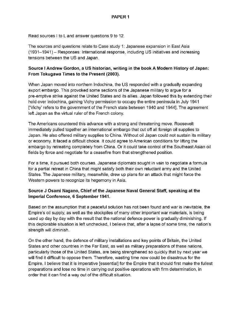 PAPER 1 Read sources I to L and answer questions 9 to | Chegg.com