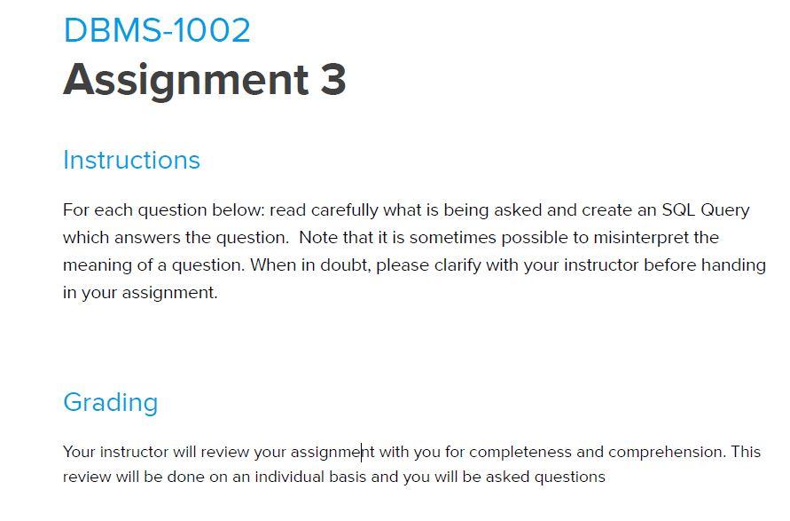 Solved DBMS-1002 Assignment 3 Instructions For each question | Chegg.com