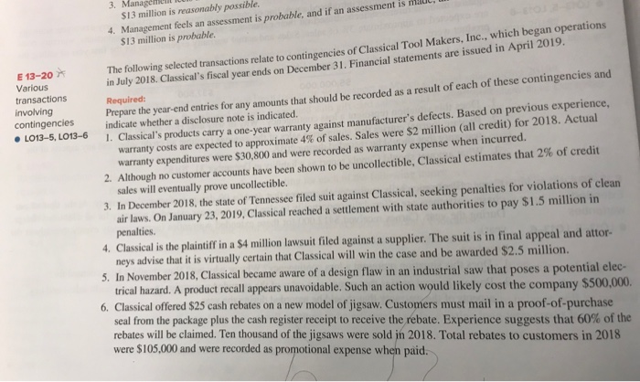 Solved 3. Managemelt $13 million is reasonably possible 4. | Chegg.com