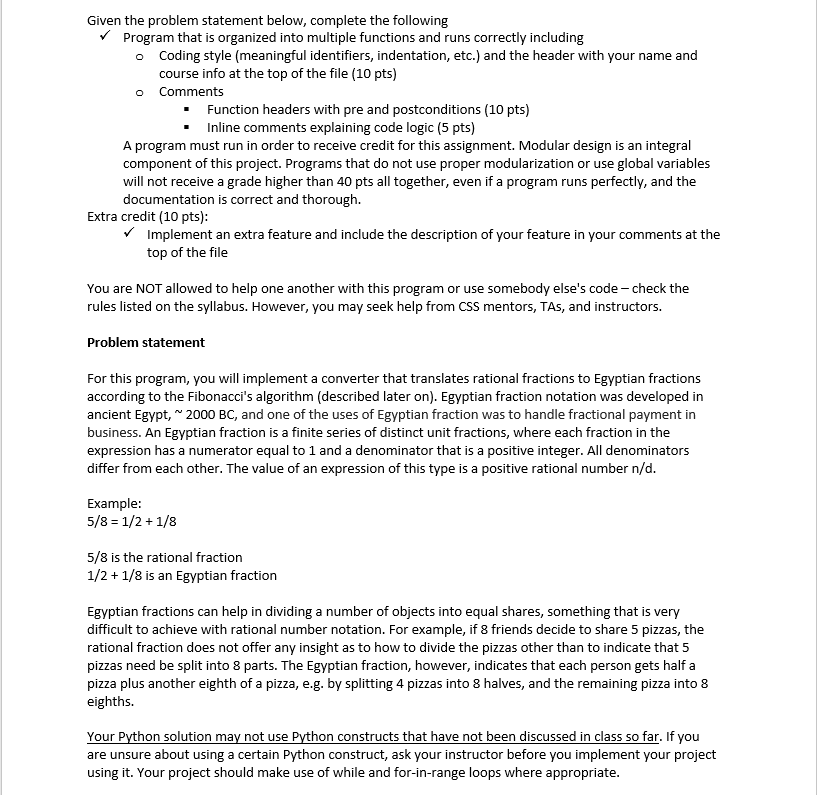 Solved Given the problem statement below, complete the | Chegg.com