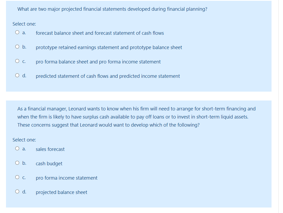 Solved What are two major projected financial statements | Chegg.com