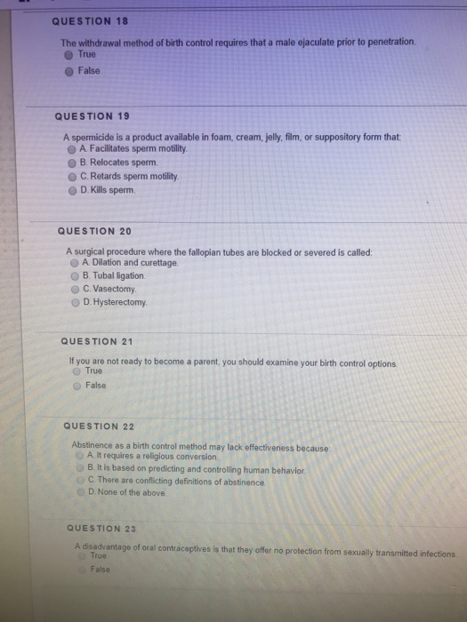 Solved QUESTION 18 The withdrawal method of birth control | Chegg.com
