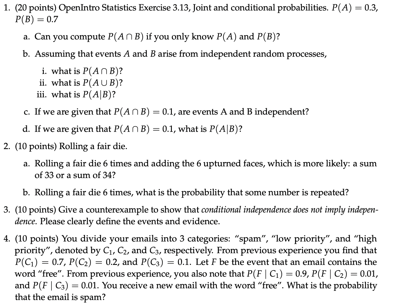 Solved (20 points) OpenIntro Statistics Exercise 3.13, Joint | Chegg.com