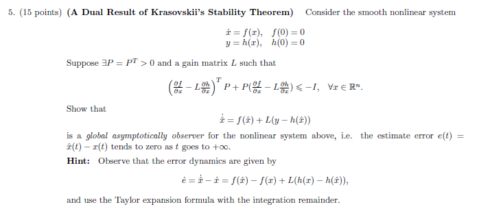 5. (15 points) (A Dual Result of Krasovskii's | Chegg.com