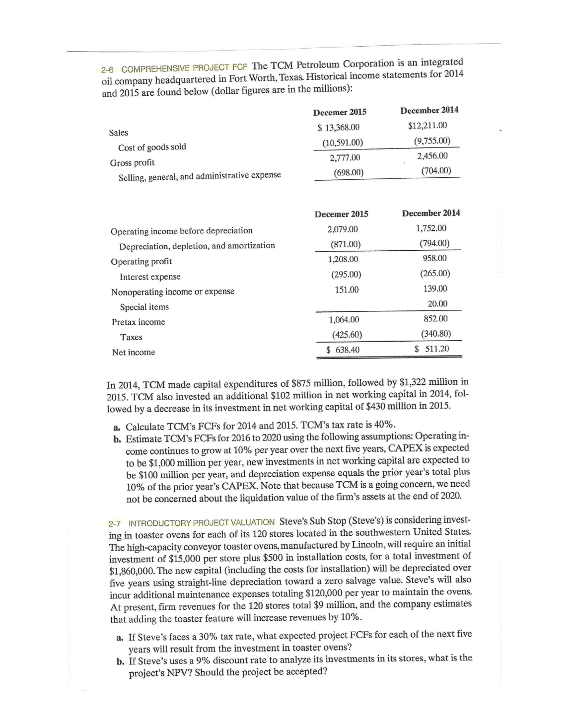 Solved 2-6 ﻿COMPREHENSIVE PROJECT FCF The TCM Petroleum | Chegg.com