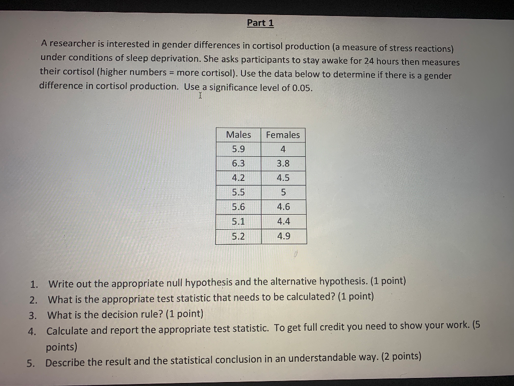 Solved Part 1 A researcher is interested in gender | Chegg.com