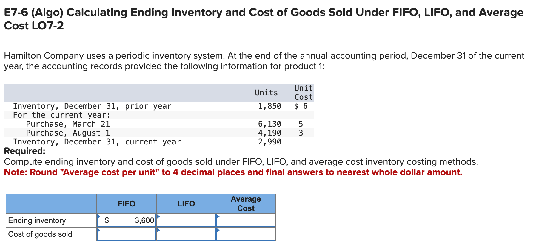 Solved E7-6 (Algo) Calculating Ending Inventory and Cost of | Chegg.com