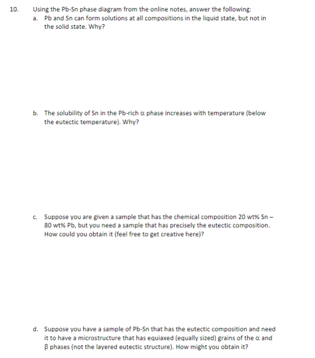 Solved 10. Using the Pb-Sn phase diagram from the online | Chegg.com