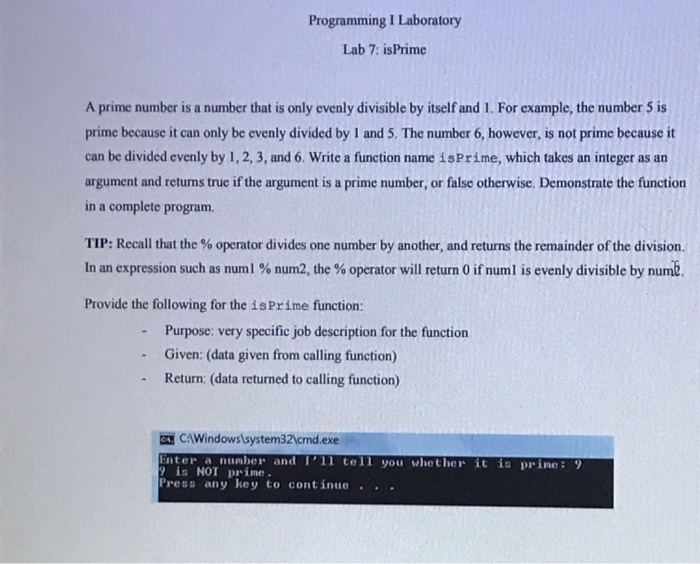 Solved Programming I Laboratory Lab 7: isPrime A prime | Chegg.com
