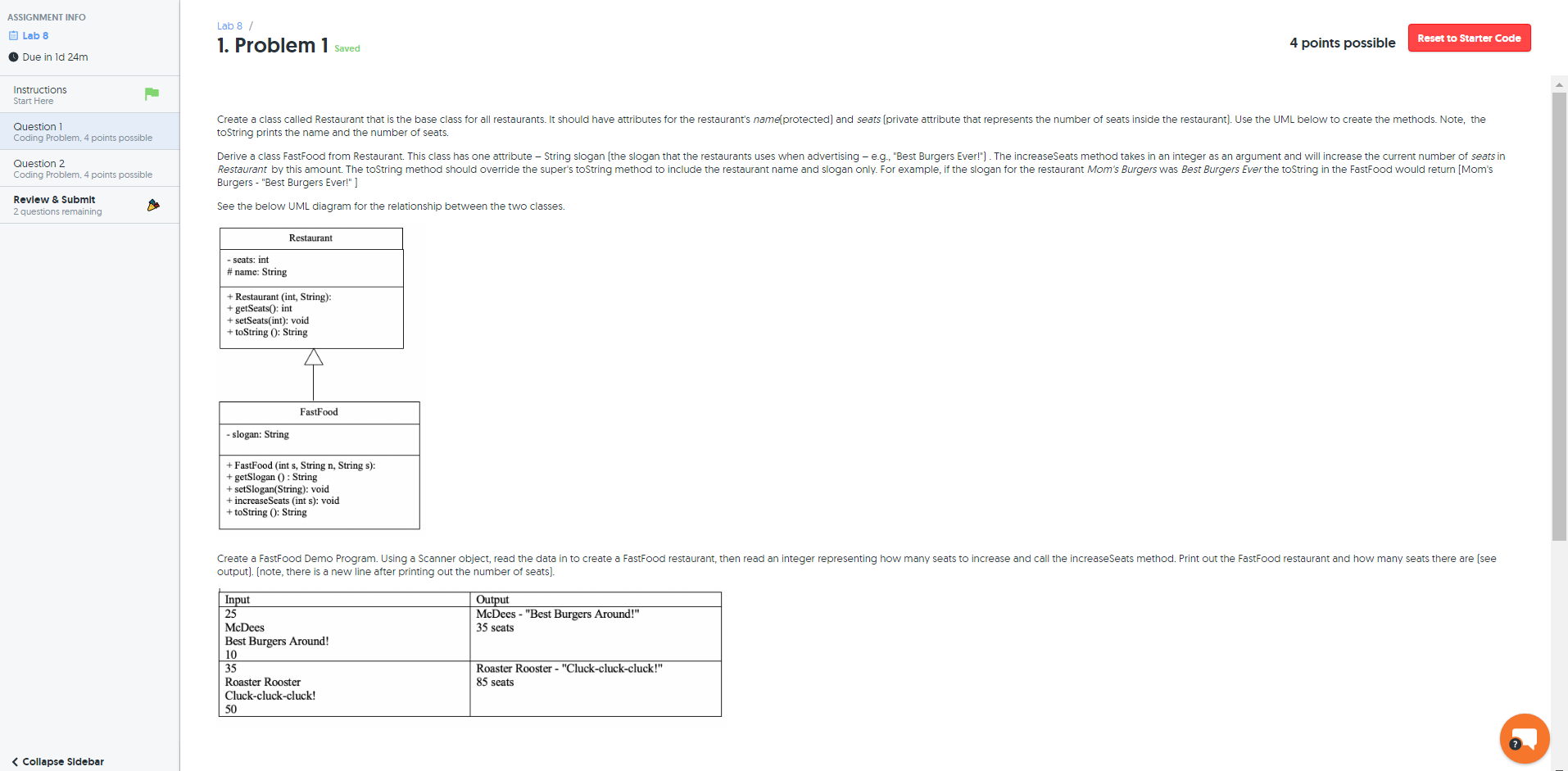 Solved Lab 8 / ASSIGNMENT INFO Lab 8 Due in ld 24m Reset to | Chegg.com