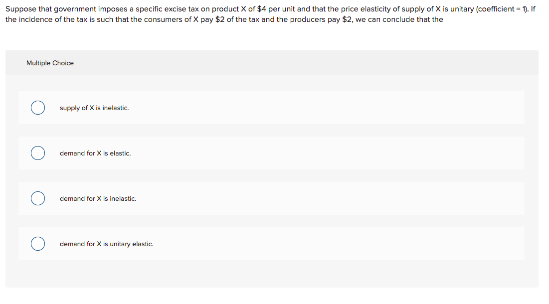 Solved Suppose that government imposes a specific excise tax | Chegg.com