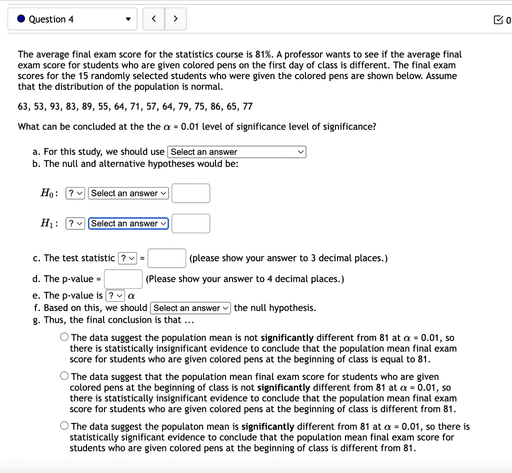 Solved The average final exam score for the statistics | Chegg.com