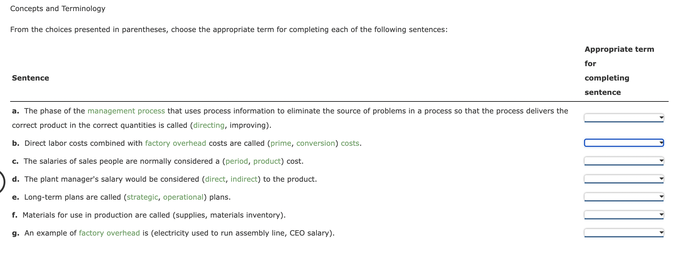 Solved Concepts and Terminology From the choices presented | Chegg.com
