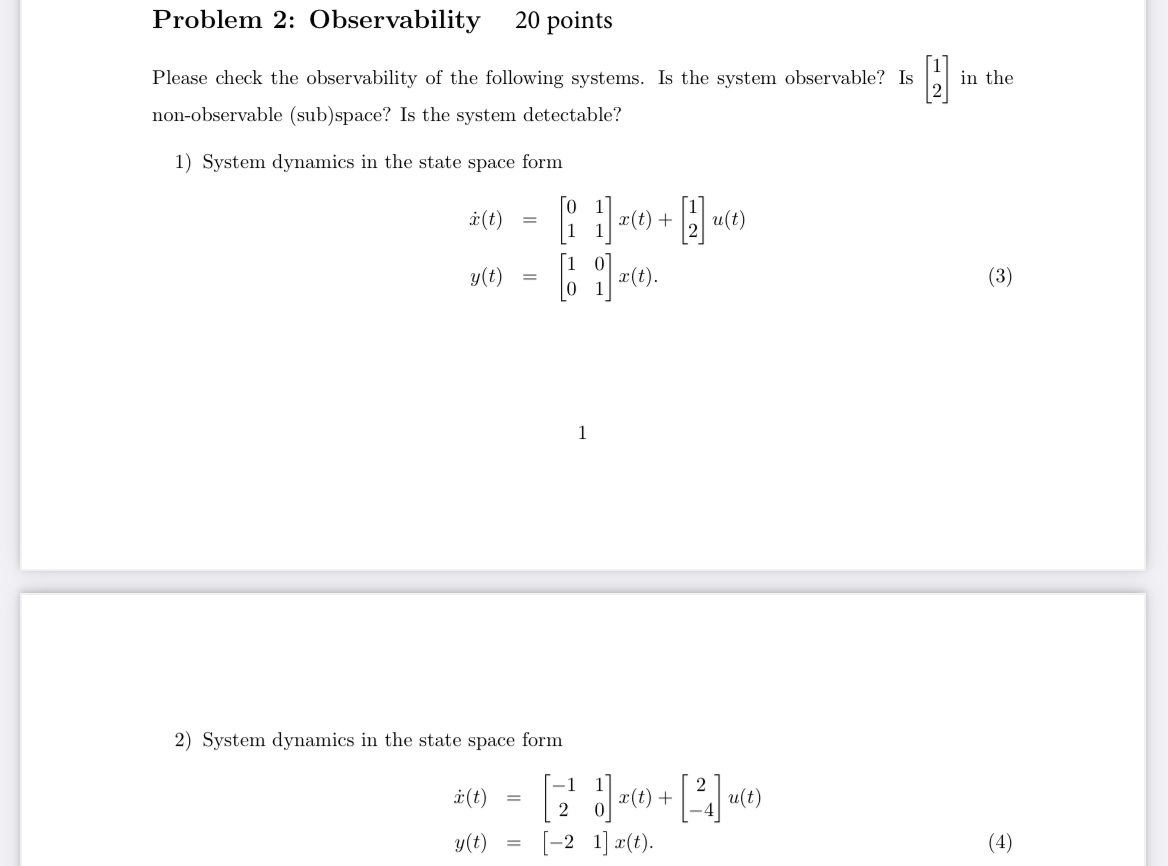 Solved Problem 2: Observability 20 ﻿pointsPlease check the | Chegg.com