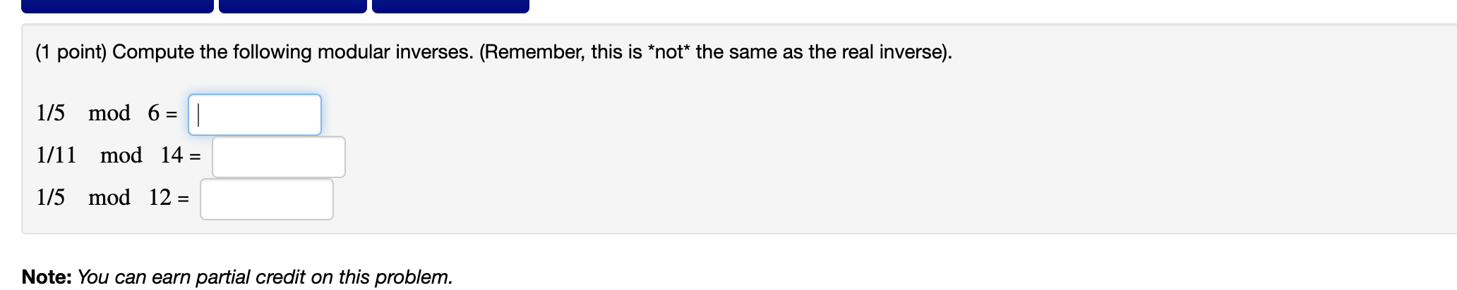 Solved (1 point) Compute the following modular inverses. | Chegg.com