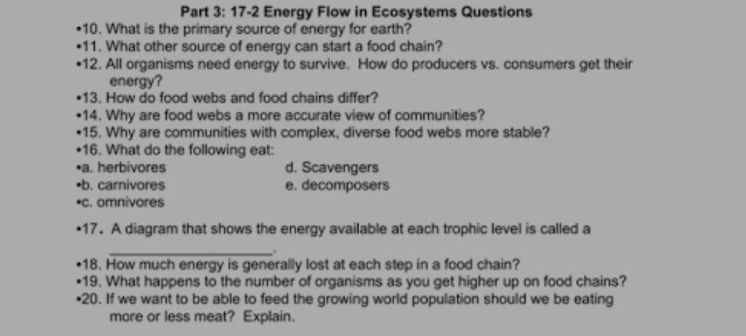 Solved Part 3: 17-2 Energy Flow in Ecosystems Questions •10. | Chegg.com