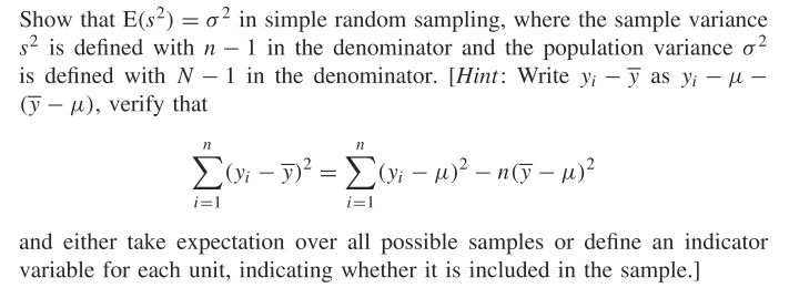 Solved Show that E(s2)-σ2 in simple random sampling, where | Chegg.com