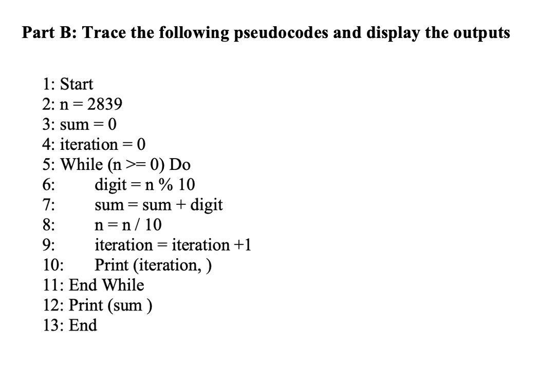 Solved Part B: Trace the following pseudocodes and display | Chegg.com