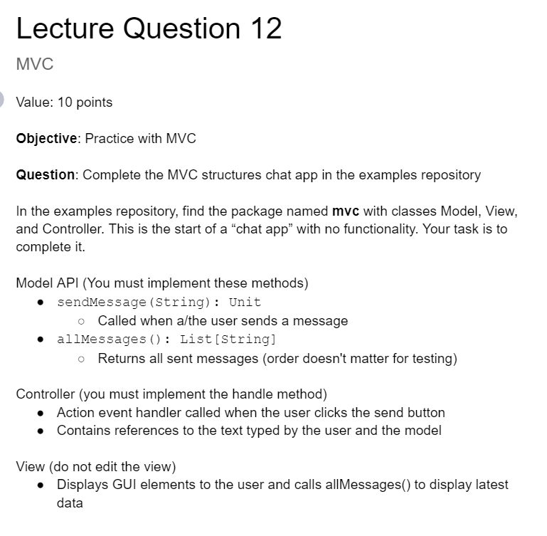 Lecture Question 12 MVC Value: 10 points Objective: | Chegg.com