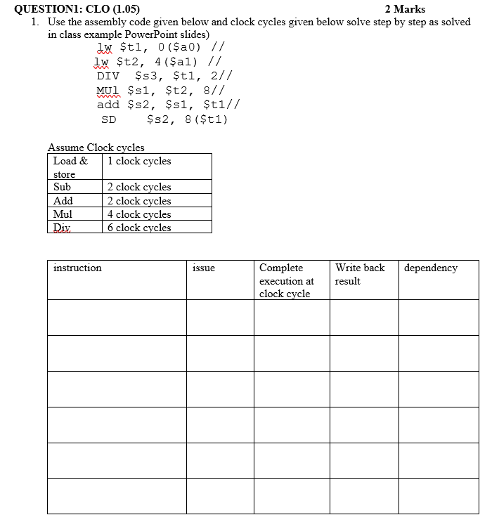 Solved QUESTIONI: CLO (1.05) 2 Marks 1. Use the assembly | Chegg.com