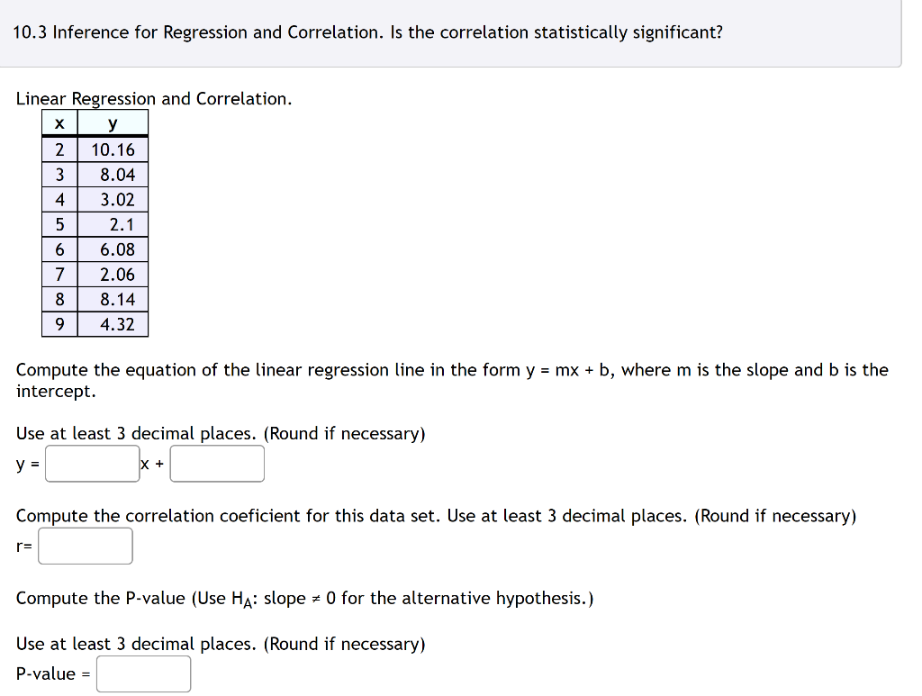 Solved 10.3 Inference for Regression and Correlation. Is the | Chegg.com