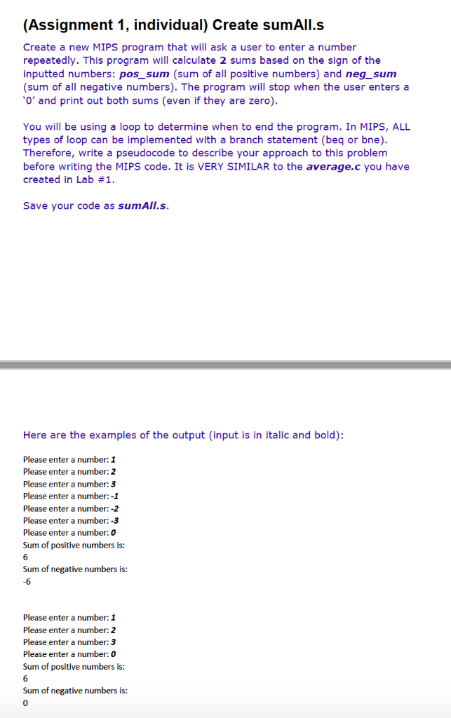 Solved (Assignment 1, individual) Create sumAll.s Create a | Chegg.com